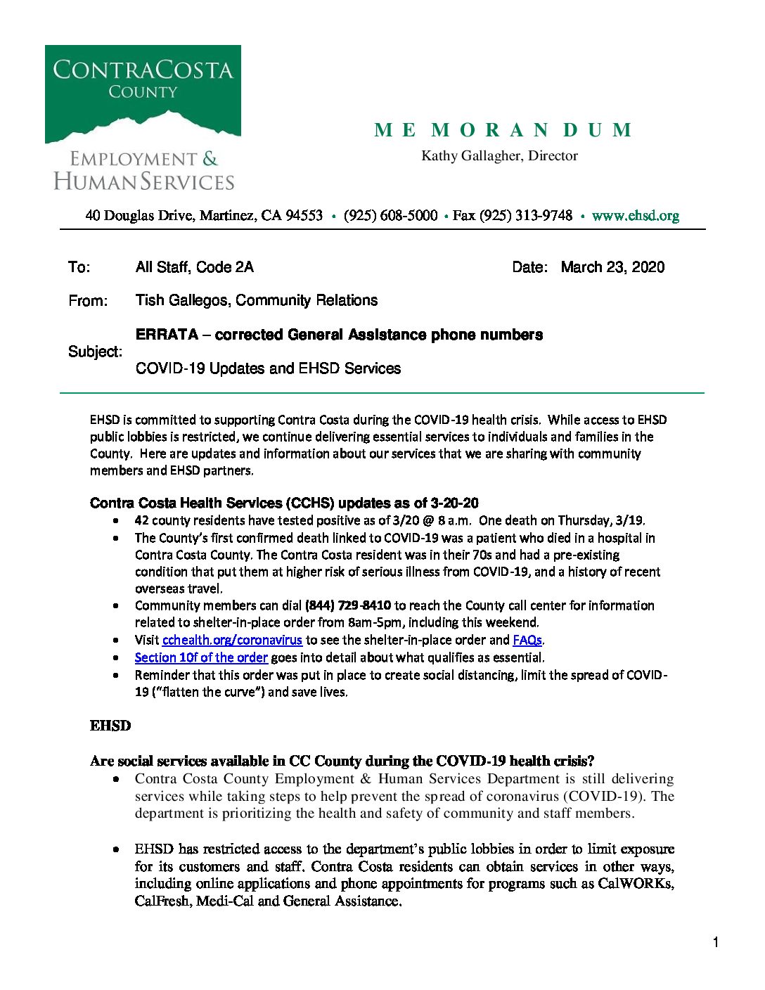 Mises à jour EHSD – Services et autres informations_Mémo du personnel3.20.20 | EHSD