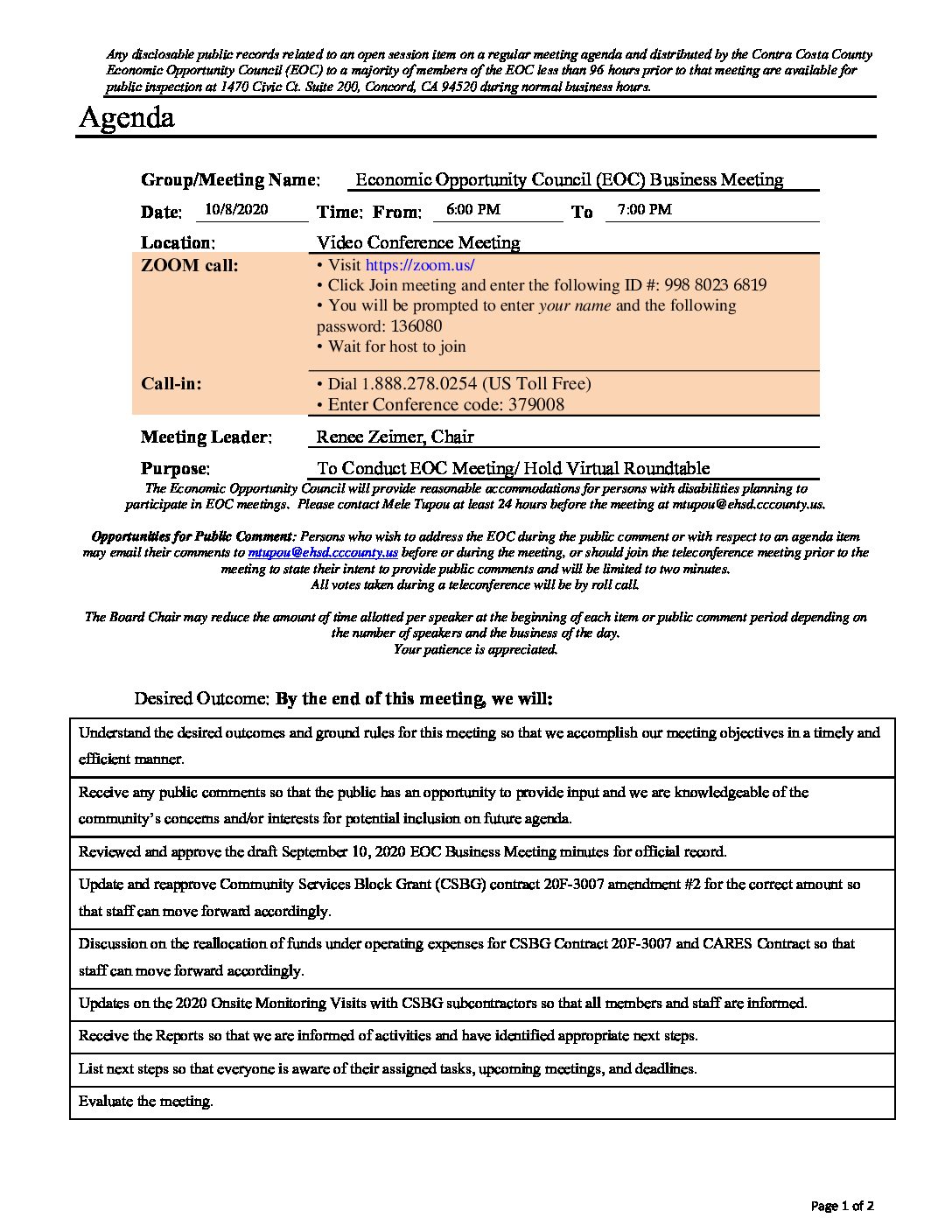 8 أكتوبر 2020 جدول أعمال اجتماع عمل EOC | EHSD