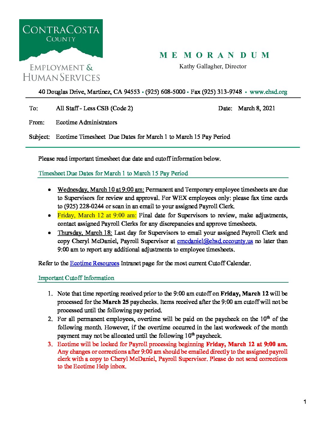 Fälligkeitstermine der Ecotime-Stundenzettel für den Zahlungszeitraum vom 1. bis 15. März | EHSD