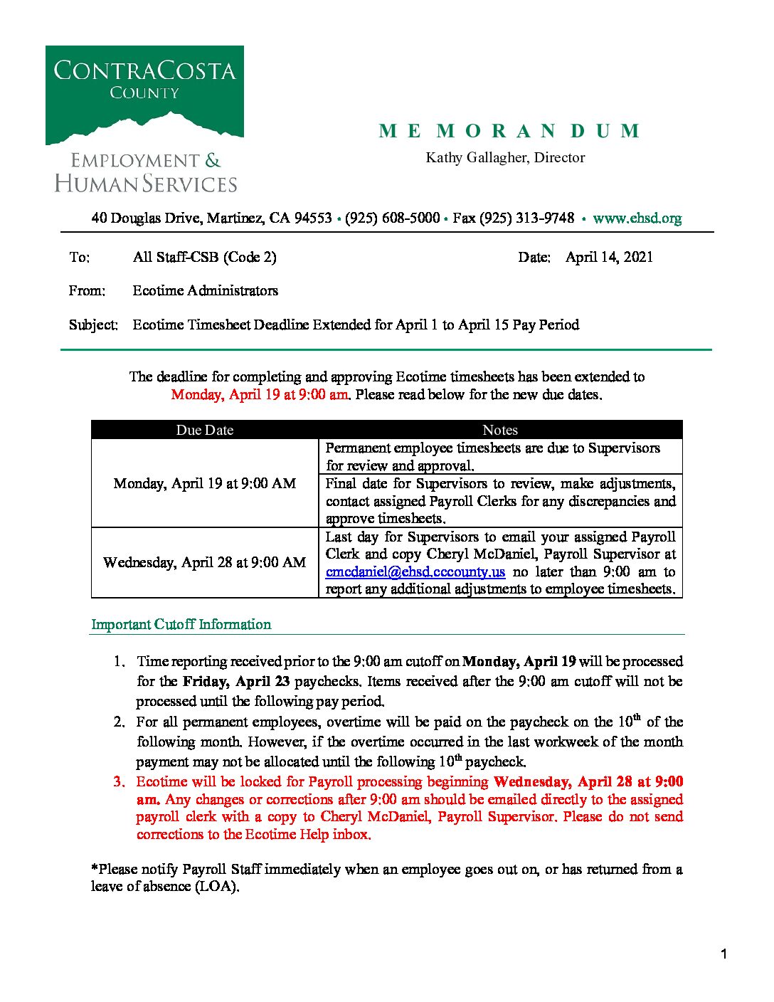 تم تمديد الموعد النهائي للجدول الزمني لـ Ecotime من 1 أبريل إلى 15 أبريل لفترة الدفع | EHSD