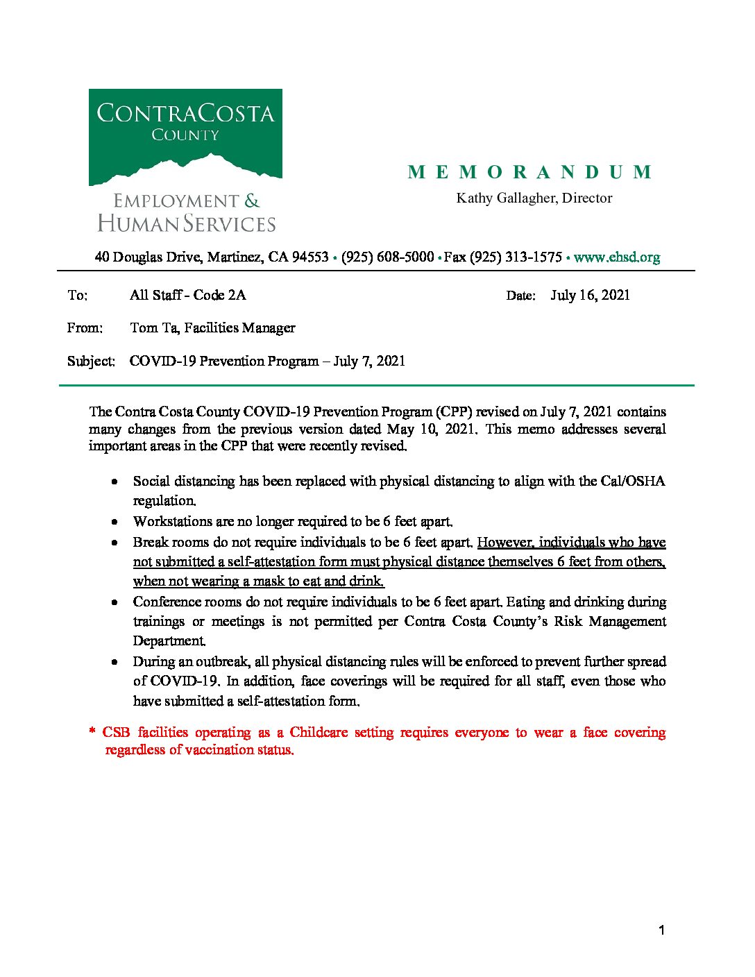 Memorándum del programa de prevención de COVID-19 | EHSD