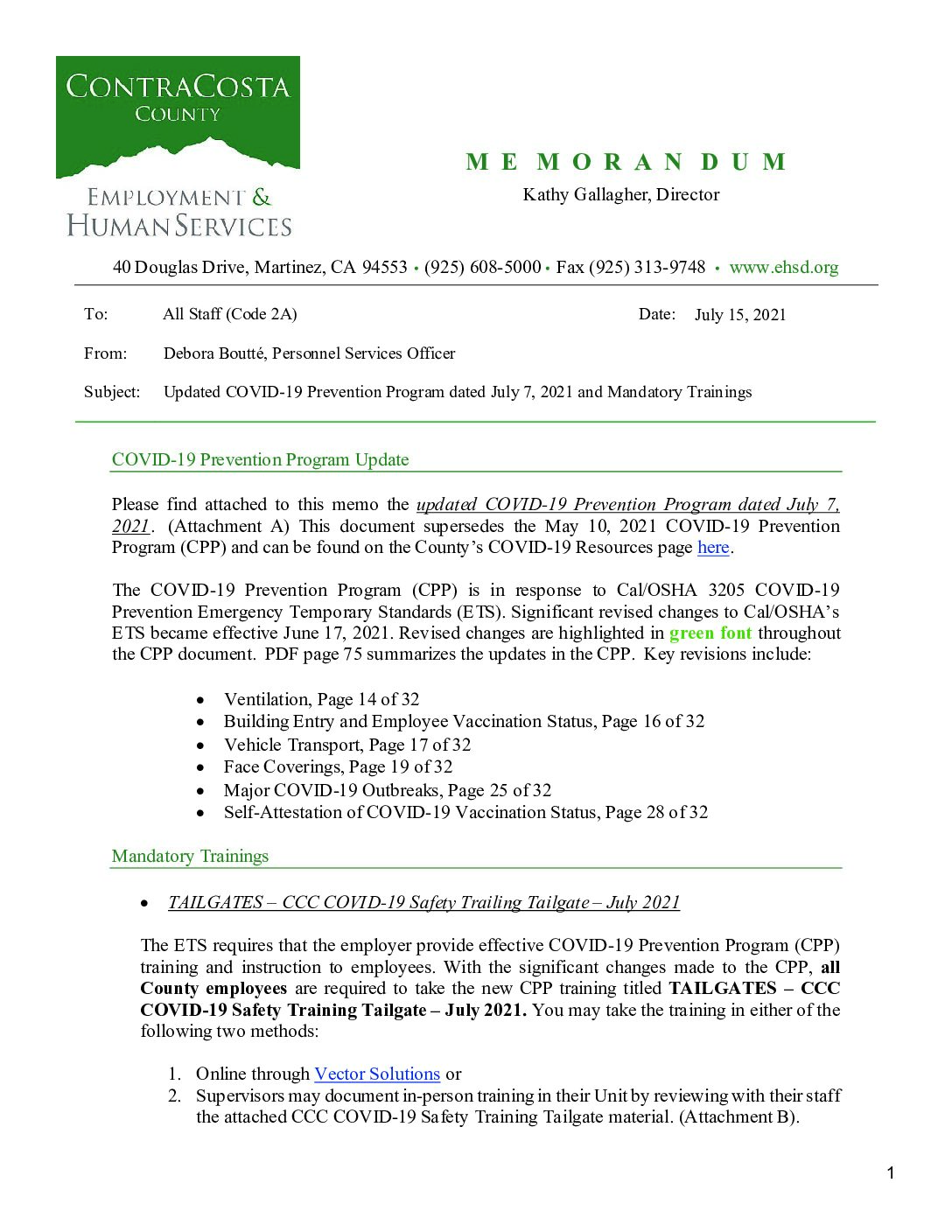 Updated COVID-19 Prevention Program Dated July 7, 2021 & Mandatory Trainings_EHSD07-15-21d | EHSD