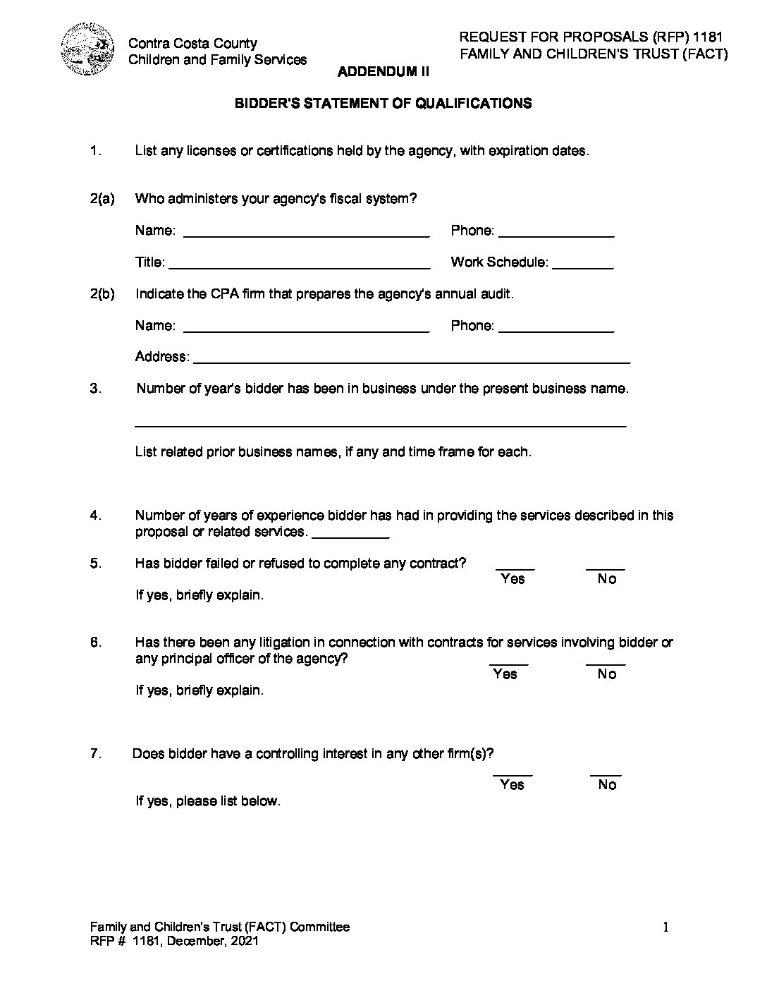 7.2 Addendum II – Bidder’s Statement of Qualifications RFP 1181 | EHSD