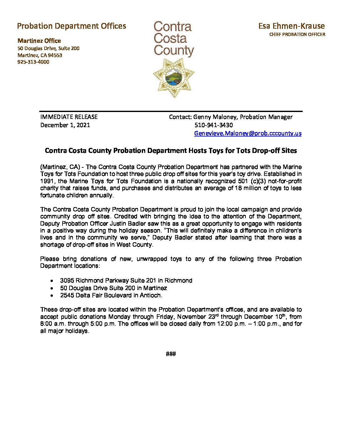 Ang Departamento ng Probation ng Contra Costa County ay Nagho-host ng Mga Laruan para sa Mga ...
