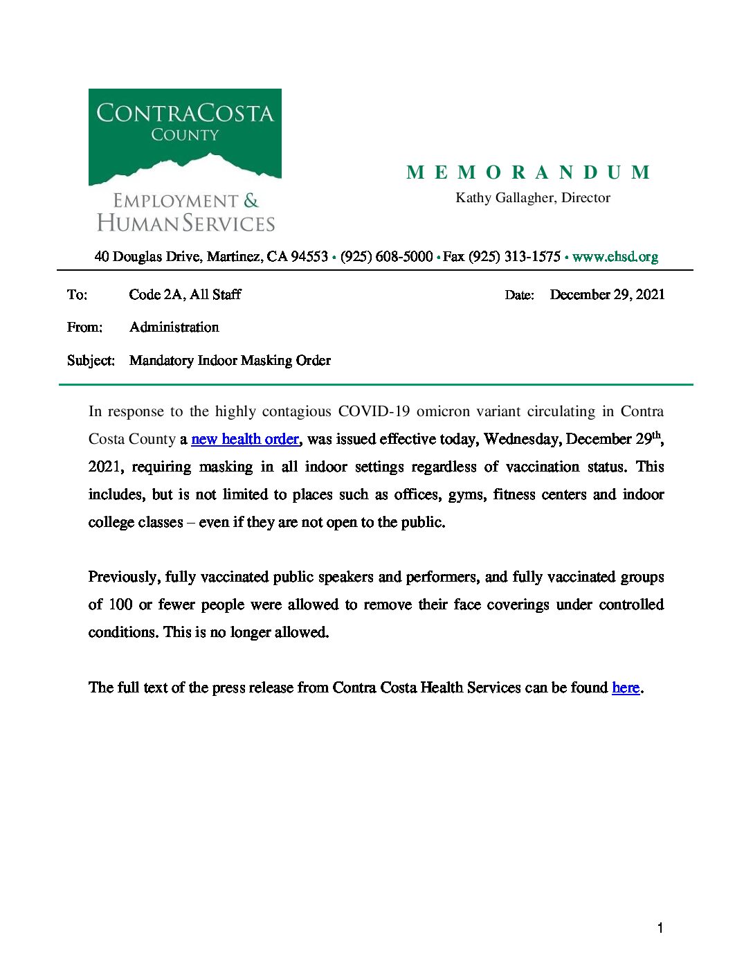 Mandatory Indoor Masking Order | EHSD