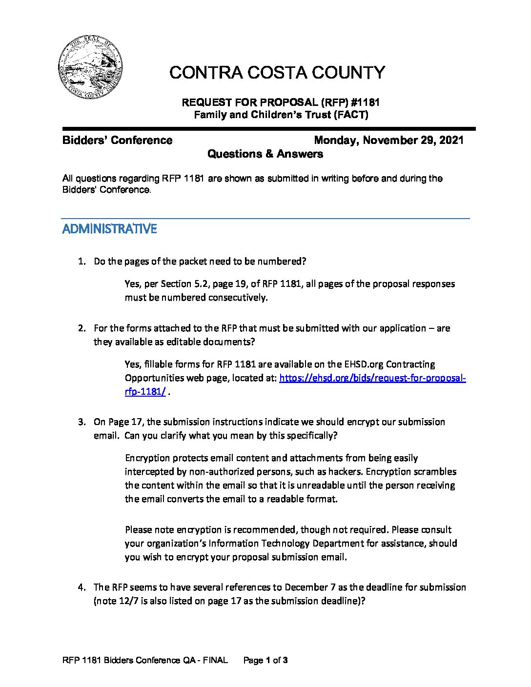 RFP 1181 入札者会議 QA – 最終 | EHSD