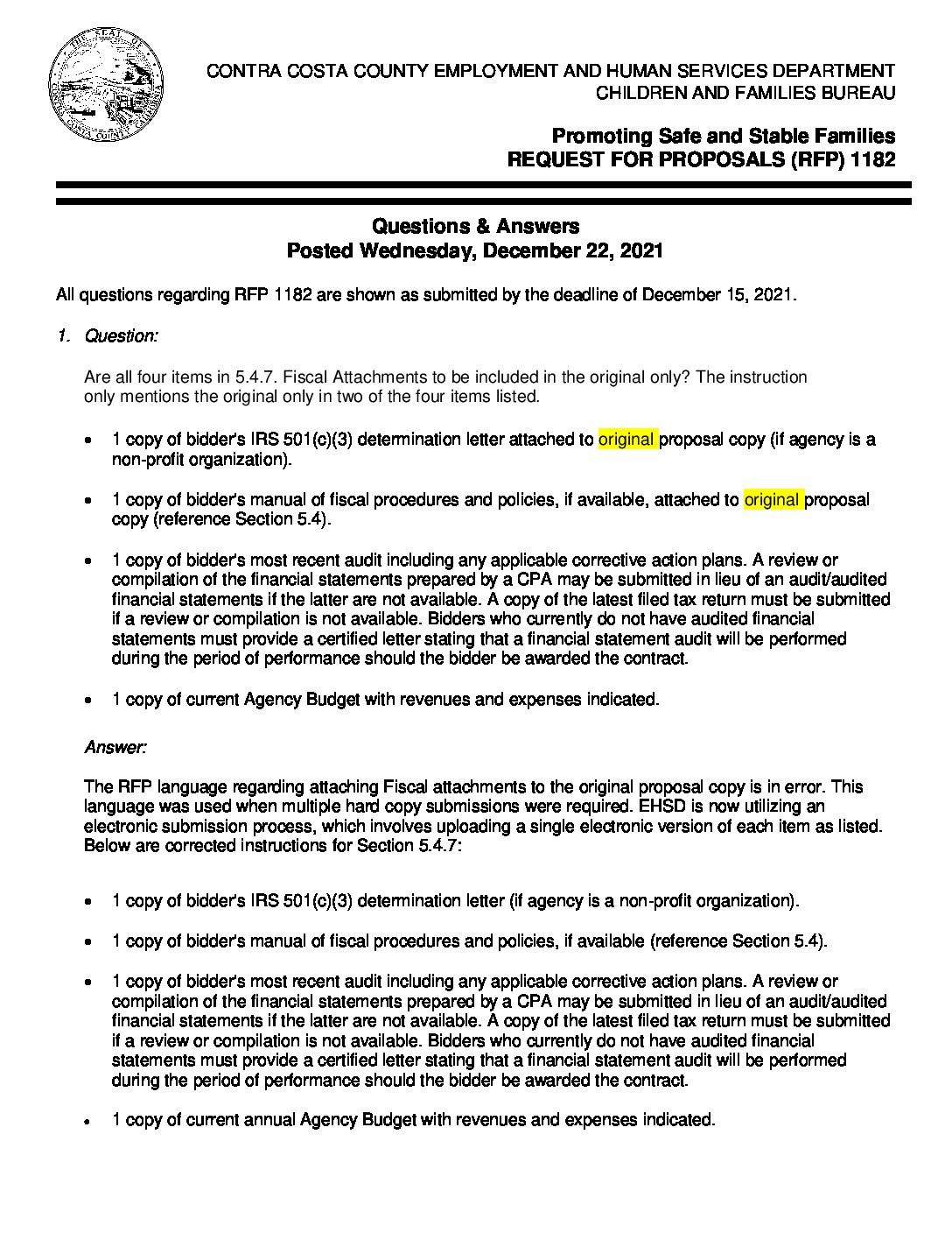 RFP 1182 QandA 문서 – 최종 | EHSD