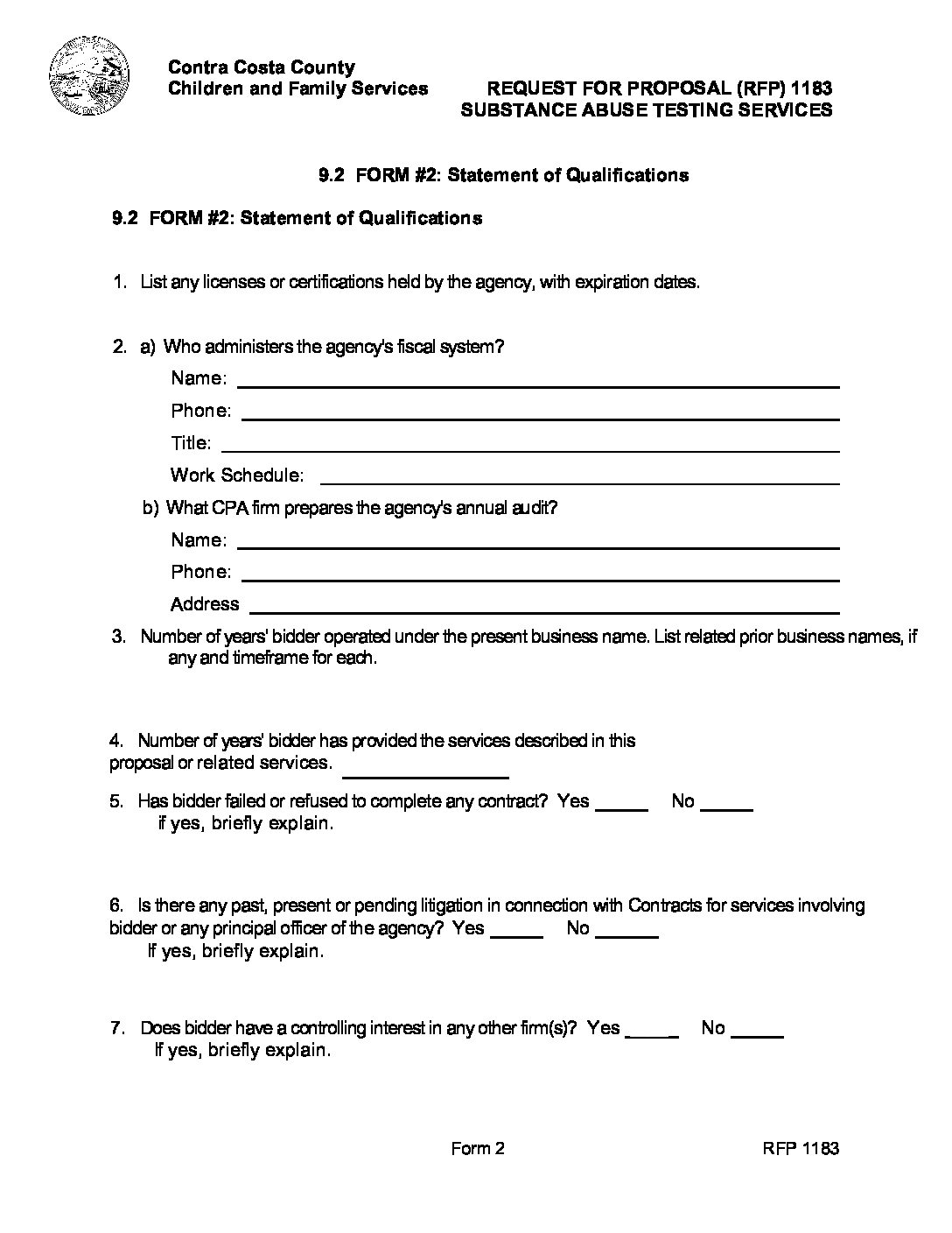 表 2 – RFP 1183 – 药物滥用测试服务 | 环境卫生安全署