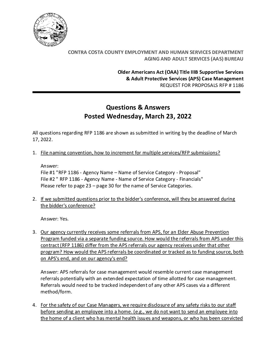 DDP #1186 – Document de questions et réponses 3.23.2022 | EHSD