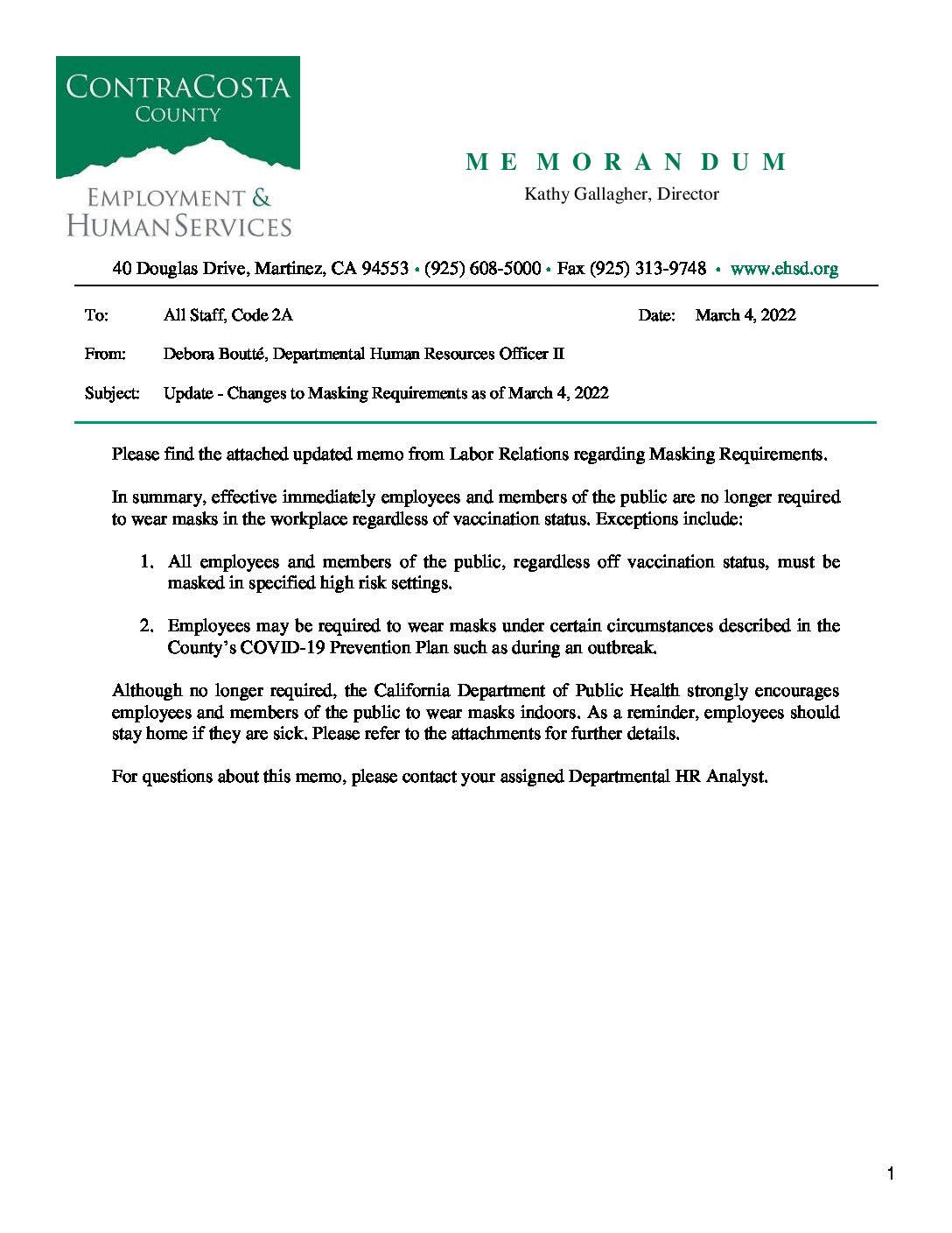 업데이트 – 3년 4 2022일 기준 마스킹 요구 사항 변경 사항(1) | EHSD