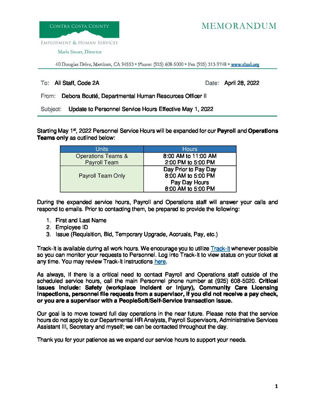 Actualización de las horas de servicio del personal a partir del 1 de mayo de 2022 | EHSD