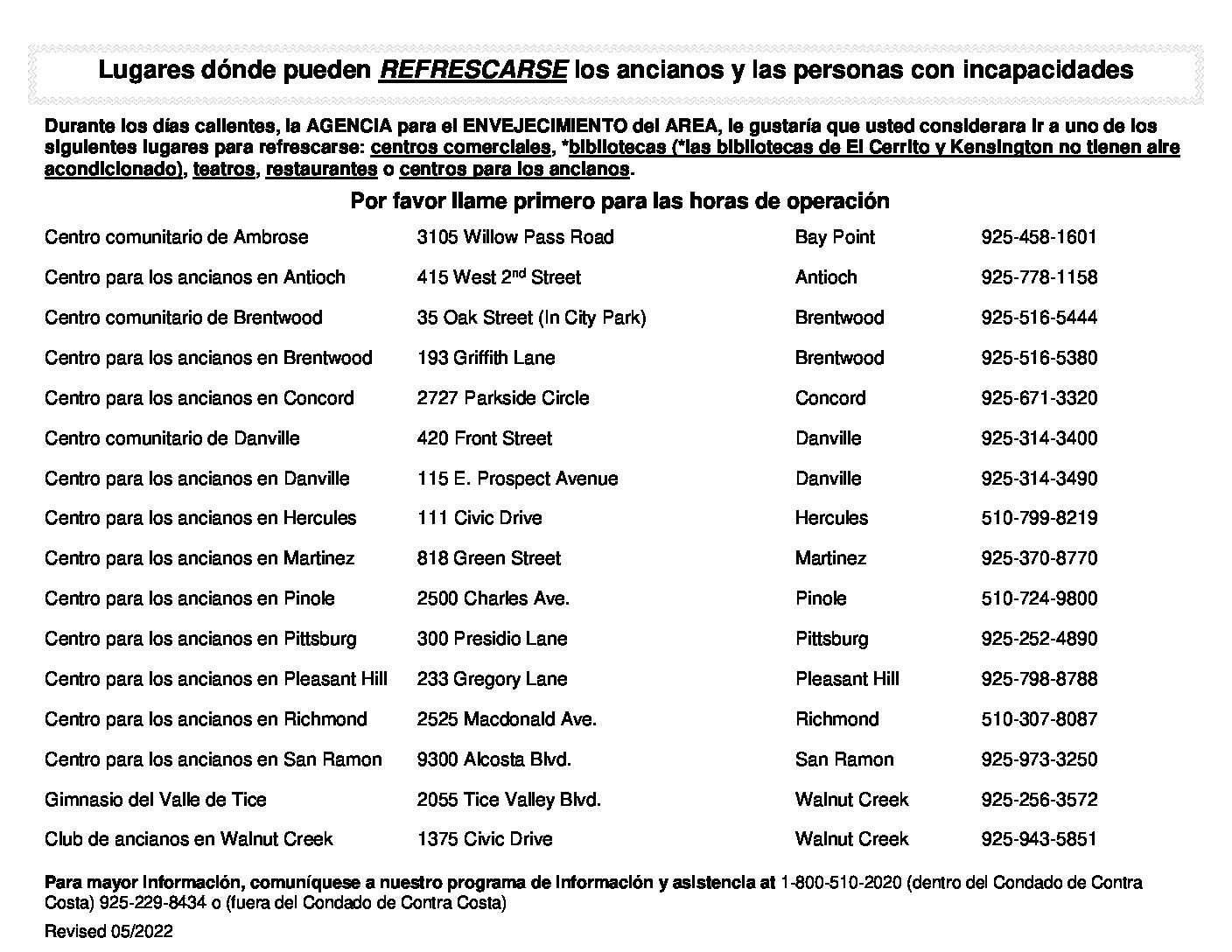 Centros de Enfriamiento Español Mayo 2022 | EHSD