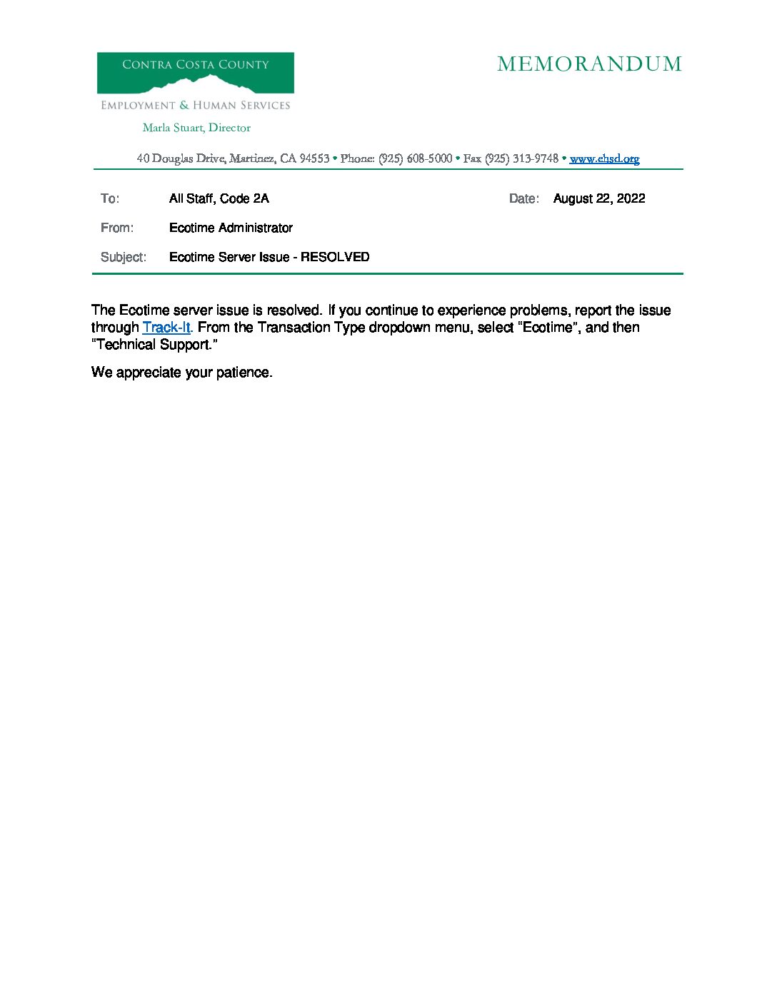 Ecotime Server Issue Resolved | EHSD