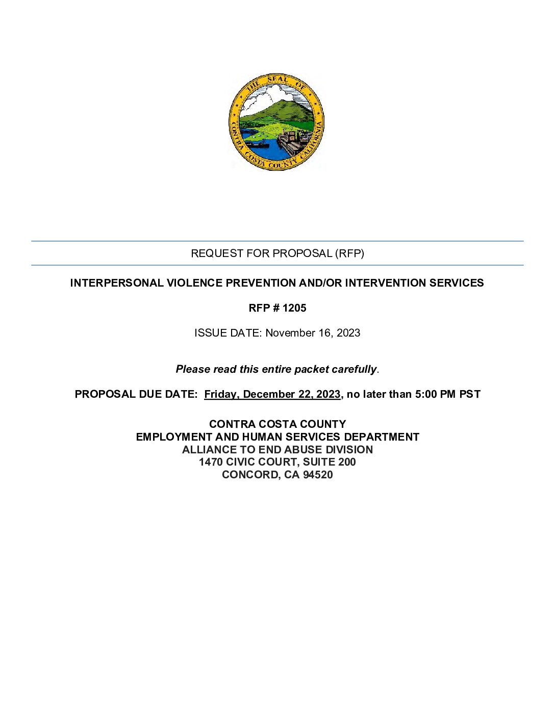 RFP 1205 人际暴力预防和干预服务 – 网络发布 |环境卫生安全署