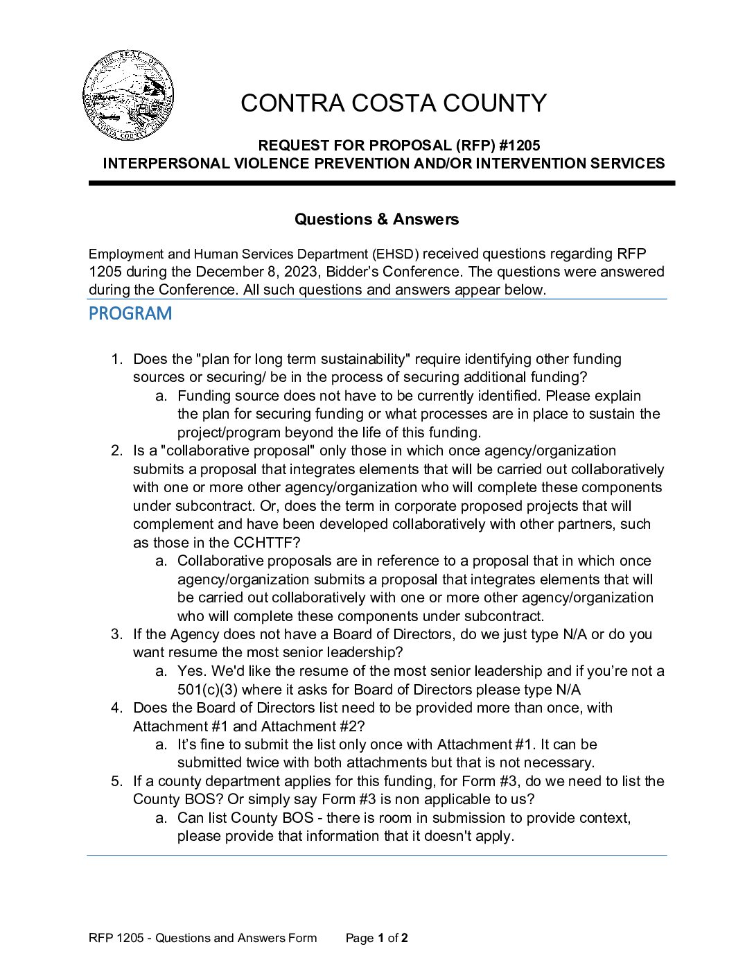 RFP 1205 – Formulaire de questions et réponses | EHSD