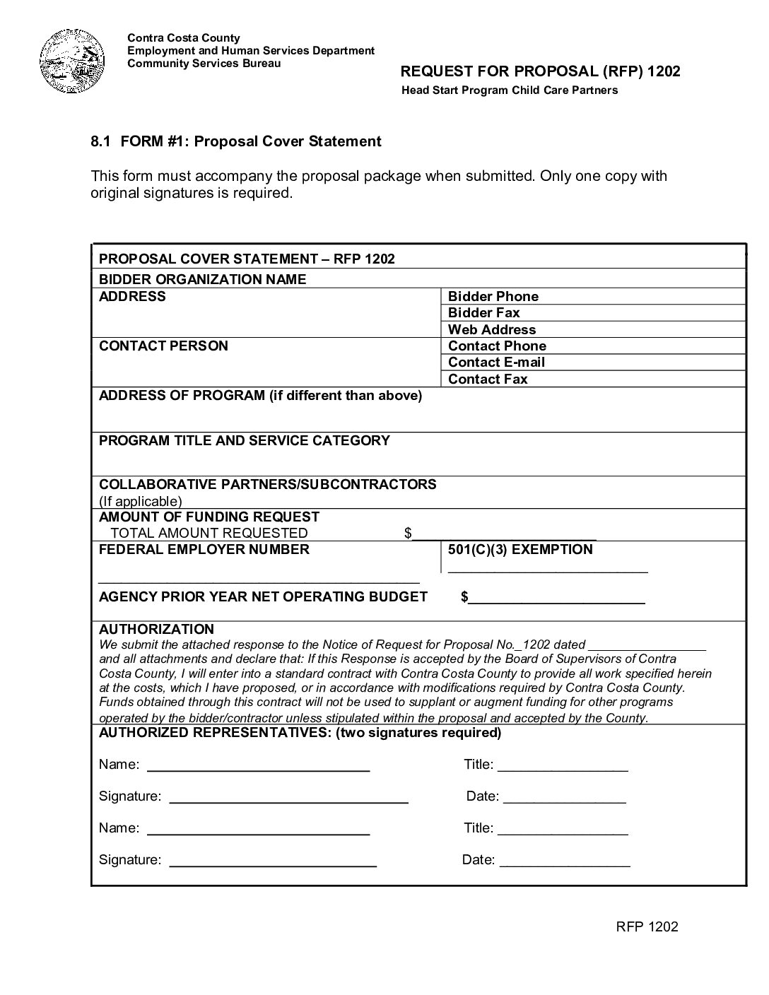 양식 1 – RFP 1202 – 제안서 표지 | EHSD